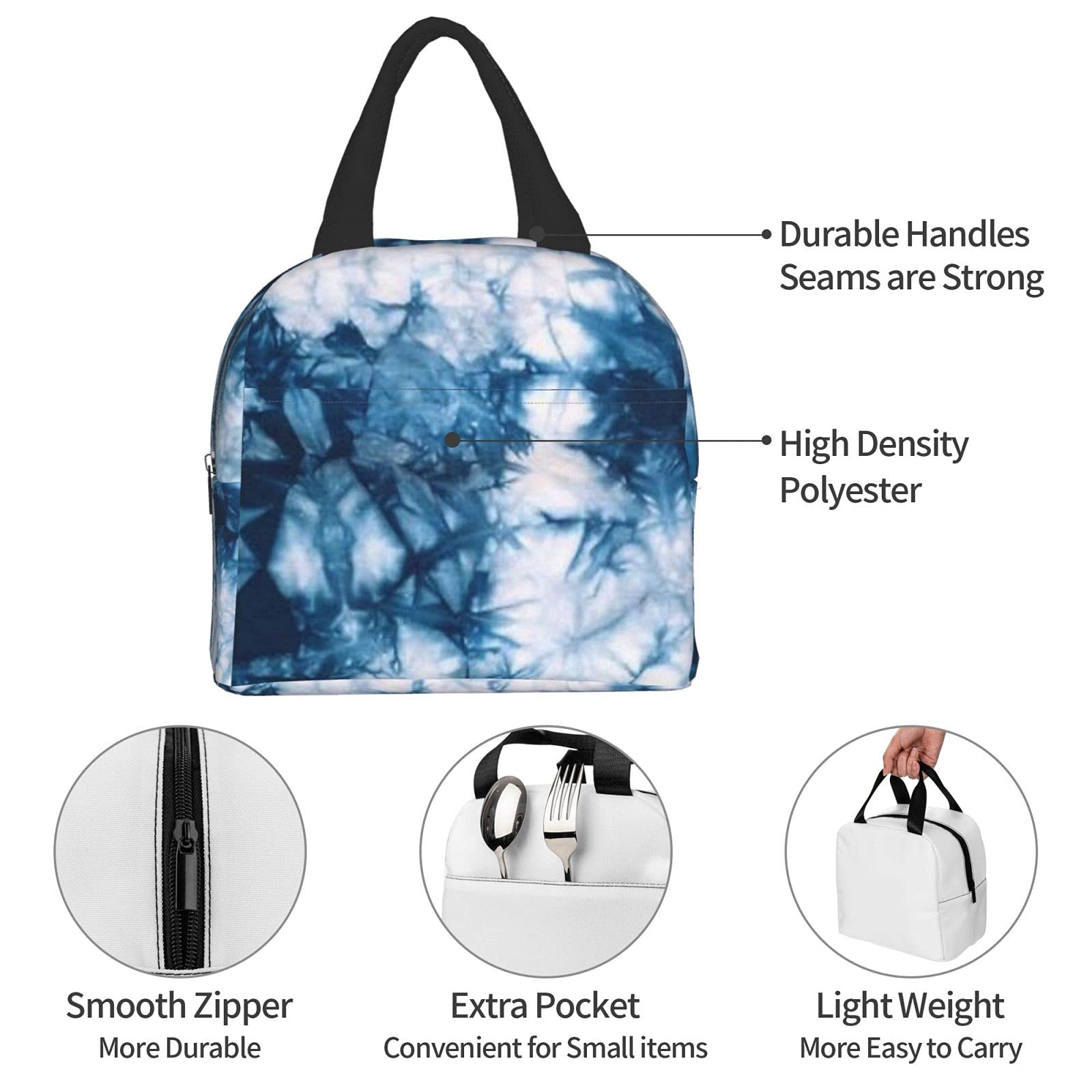 Blue Tie Dye Lunch Box Bento Travel Bag Picnic Tote Bags Insulated Durable Container Shopping Bag Reusable Waterproof Bags For Adult Women Men