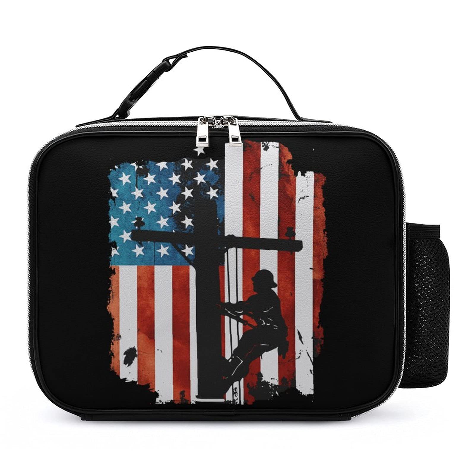 Lineman American Flag Electric Cable Lineman Insulated Lunch Tote Bag Durable Lunch Box Container with Detachable Buckled Handle for Office Work Picnic Travel