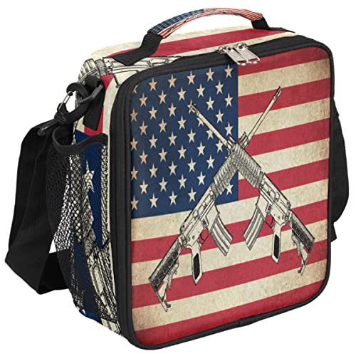 American Flag Insulated Lunch Bag for Kids, USA Flag Lunch Box Reusable Cooler Lunch Tote Bag with Shoulder Strap for School Travel Picnic