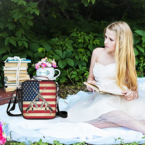 American Flag Insulated Lunch Bag for Kids, USA Flag Lunch Box Reusable Cooler Lunch Tote Bag with Shoulder Strap for School Travel Picnic