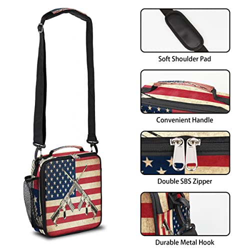 American Flag Insulated Lunch Bag for Kids, USA Flag Lunch Box Reusable Cooler Lunch Tote Bag with Shoulder Strap for School Travel Picnic