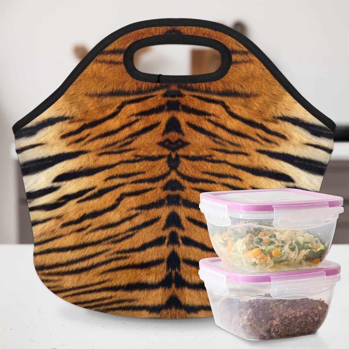 Insulated Neoprene Lunch Bag for Women Men Kids Animal Tiger Leopard Print Lunch Box Reusable Small Lunch Tote Bag Cooler Bag for School Work Picnic