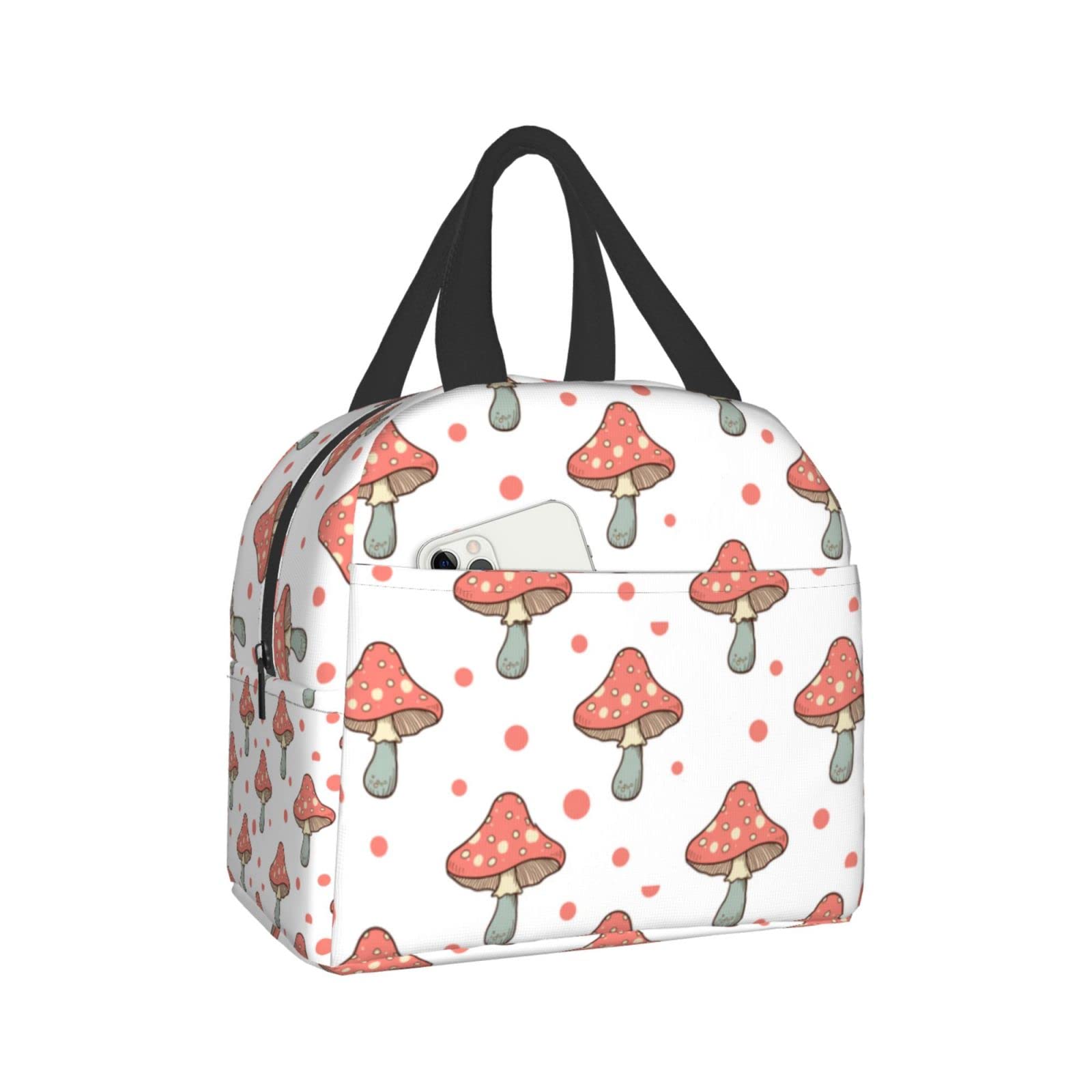 Ucsaxue Retro Cute Mushroom Lunch Bag Small Insulated Lunch Box with Front Pocket Kawaii Lunch Bags for Girls Boys Freezable Bento Box Women Men Lunch Boxes