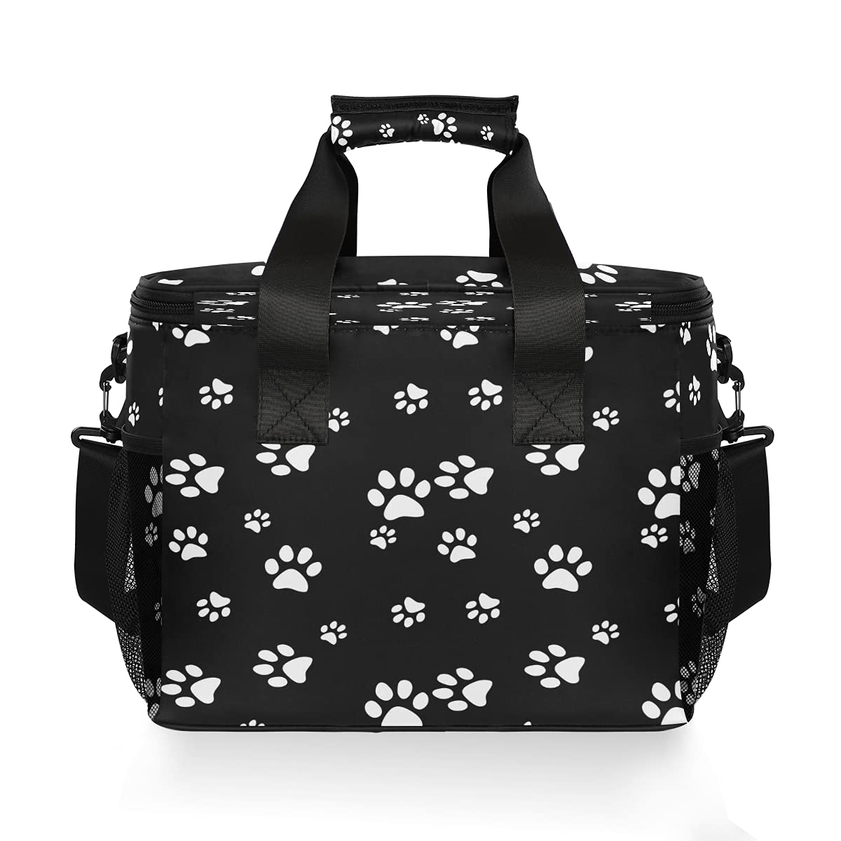 AUUXVA Cooler Bag Large Camping Cooler Tote White Puppy Paw Print Black Lunch Cooler Bag Insulated Waterproof Lunch Box for Picnic Beach Travel, Reusable Leakproof