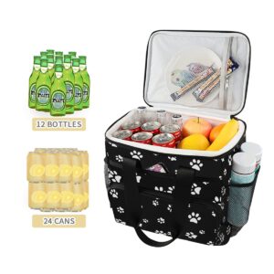 AUUXVA Cooler Bag Large Camping Cooler Tote White Puppy Paw Print Black Lunch Cooler Bag Insulated Waterproof Lunch Box for Picnic Beach Travel, Reusable Leakproof