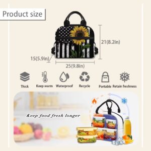 Drydeepin Sunflower American Flag 4Th Of July Design Lunch Bags for Women Portable Lightweight Patriotic Lunch Tote Bag Handbag wth Adjustable Shoulder Strap Insulated Reusable Lunch Box