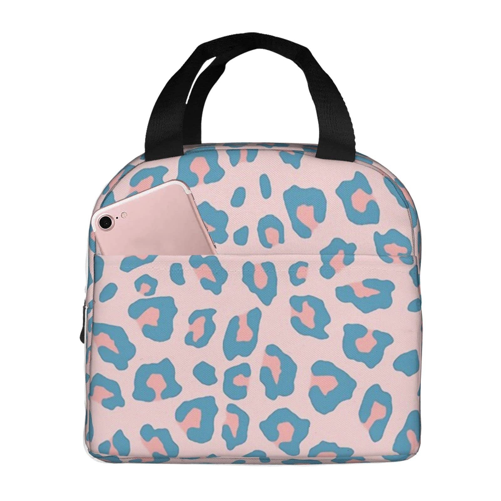 Leopard Print Peachy Blue Reusable Insulated Lunch Bag For Women Men Waterproof Tote Lunch Box Thermal Cooler Lunch Tote Bag For Work Office Travel Picnic