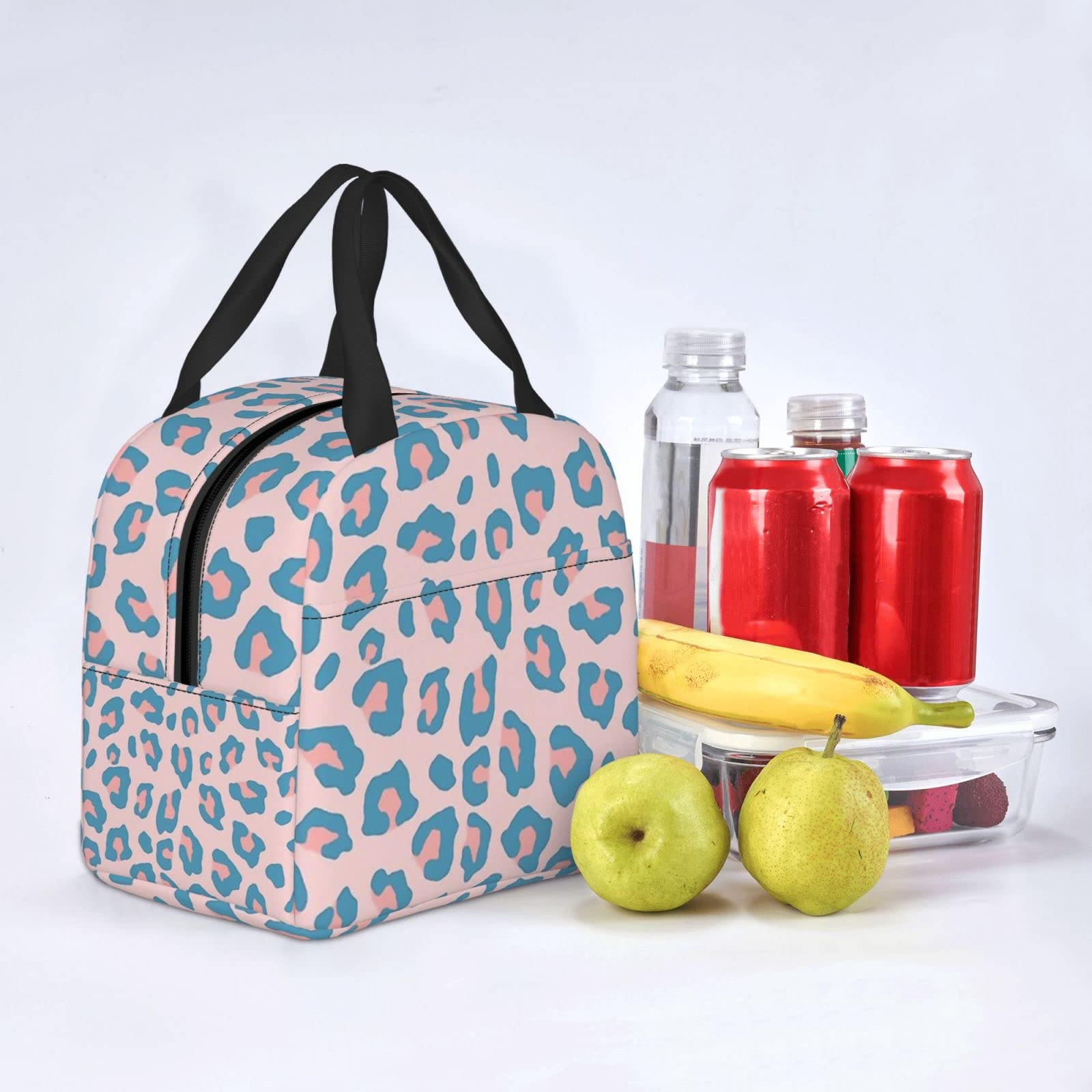 Leopard Print Peachy Blue Reusable Insulated Lunch Bag For Women Men Waterproof Tote Lunch Box Thermal Cooler Lunch Tote Bag For Work Office Travel Picnic