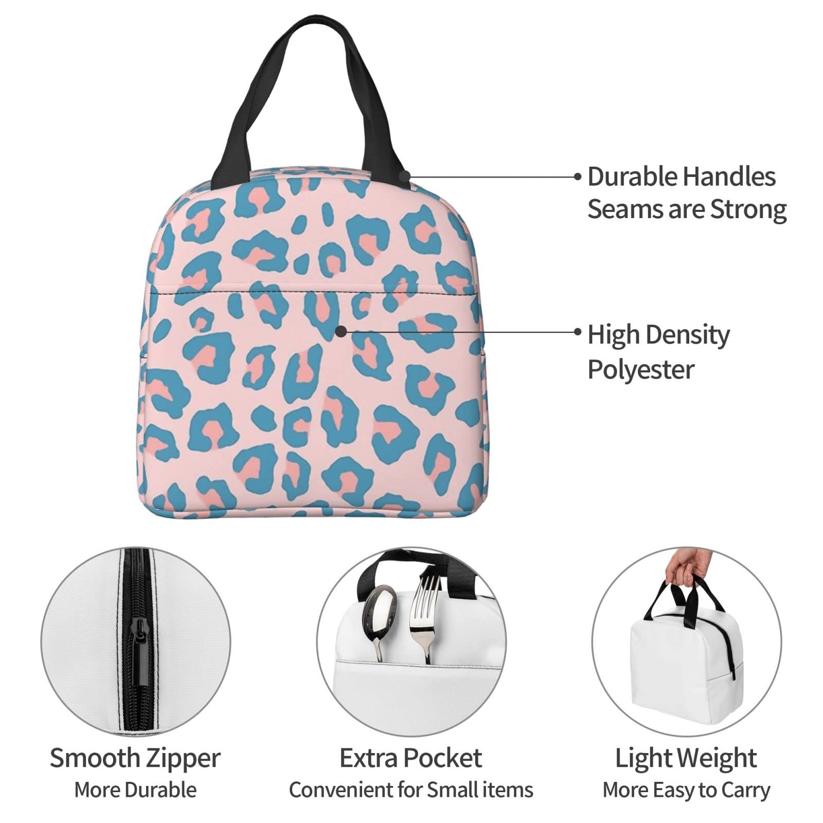 Leopard Print Peachy Blue Reusable Insulated Lunch Bag For Women Men Waterproof Tote Lunch Box Thermal Cooler Lunch Tote Bag For Work Office Travel Picnic