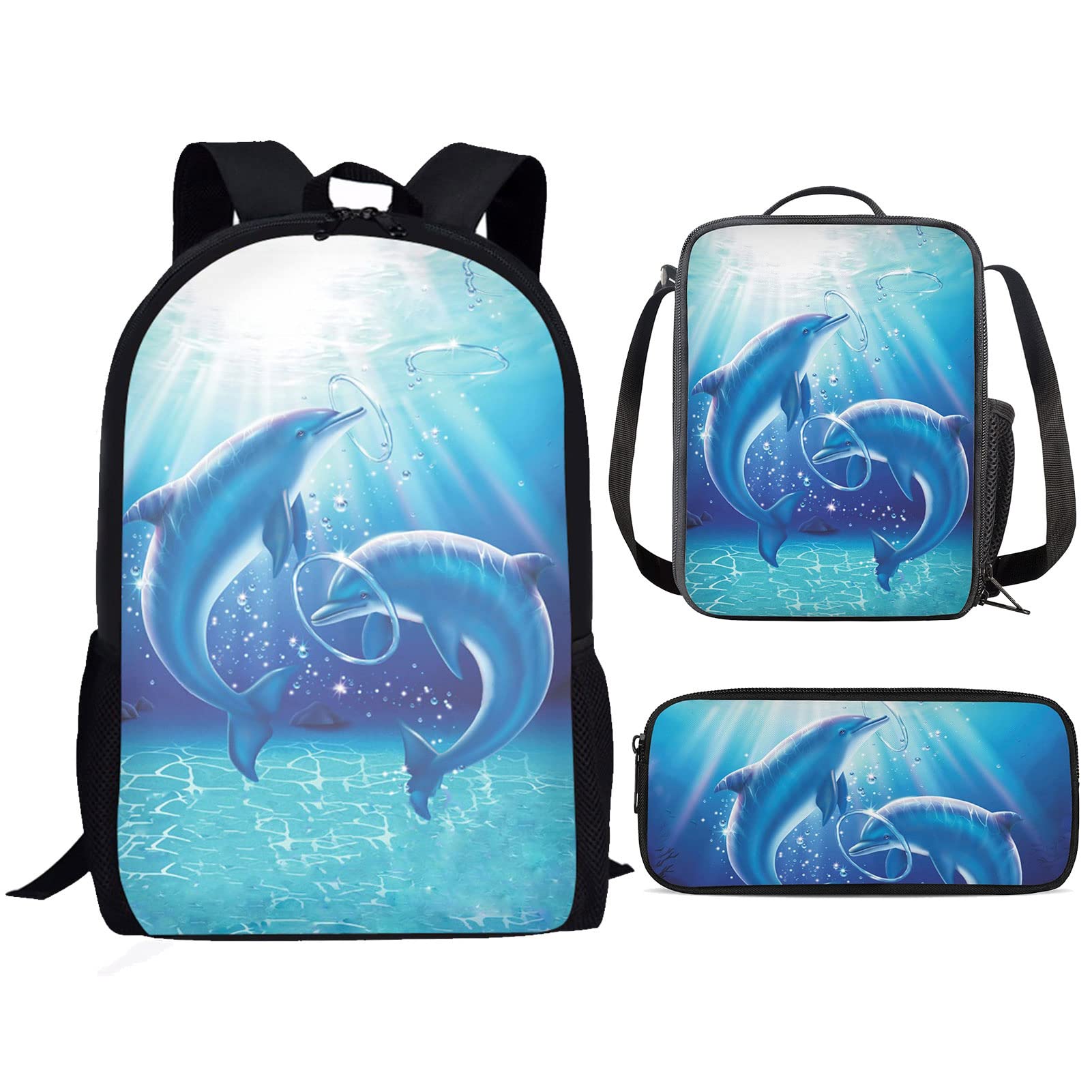 ZFRXIGN Dolphin Girls Backpack and Lunch Box Set Children Bookbag Back to School Bag Small Lunch Box Picnic Bag Pen Case Ocean Theme Blue