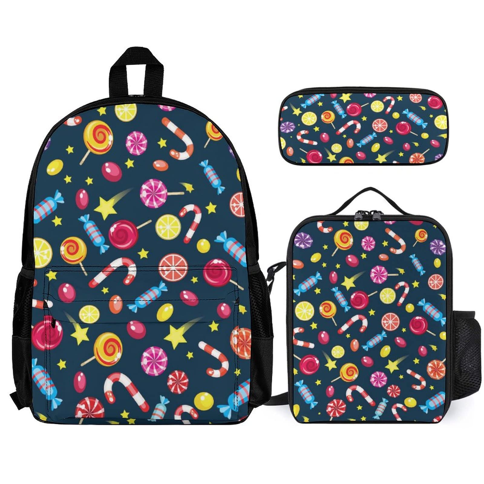 Candies and Lollipops 3Pcs Backpack Set Cute Back Pack Shoulder Bag Lunch Tote Pencil Cases College Travel Daypack