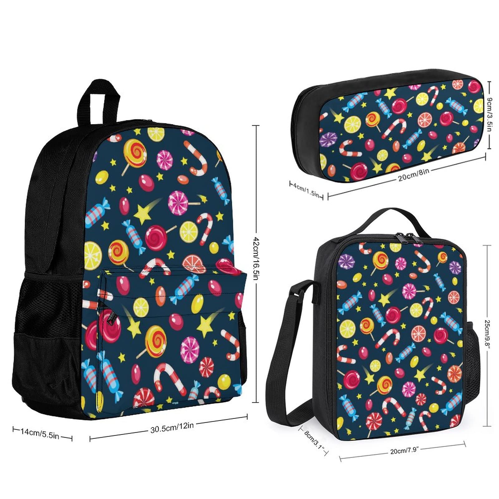 Candies and Lollipops 3Pcs Backpack Set Cute Back Pack Shoulder Bag Lunch Tote Pencil Cases College Travel Daypack