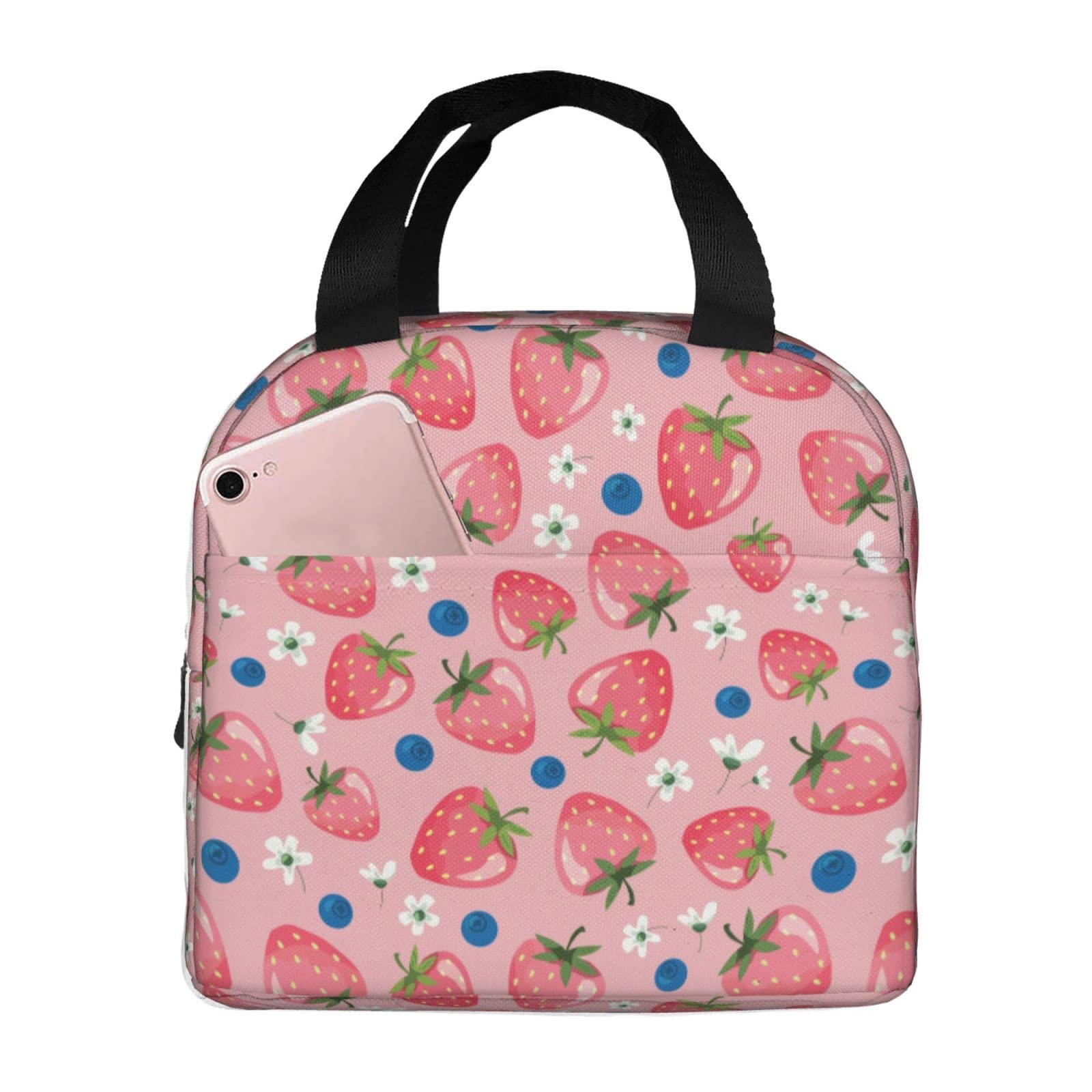 Cute Strawberry Blueberry Reusable Insulated Lunch Bag For Women Men Waterproof Tote Lunch Box Thermal Cooler Lunch Tote Bag For Work Office Travel Picnic