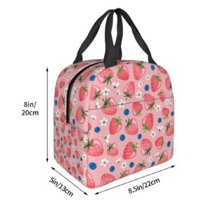 Cute Strawberry Blueberry Reusable Insulated Lunch Bag For Women Men Waterproof Tote Lunch Box Thermal Cooler Lunch Tote Bag For Work Office Travel Picnic