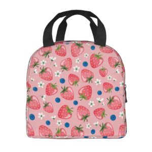 Cute Strawberry Blueberry Reusable Insulated Lunch Bag For Women Men Waterproof Tote Lunch Box Thermal Cooler Lunch Tote Bag For Work Office Travel Picnic