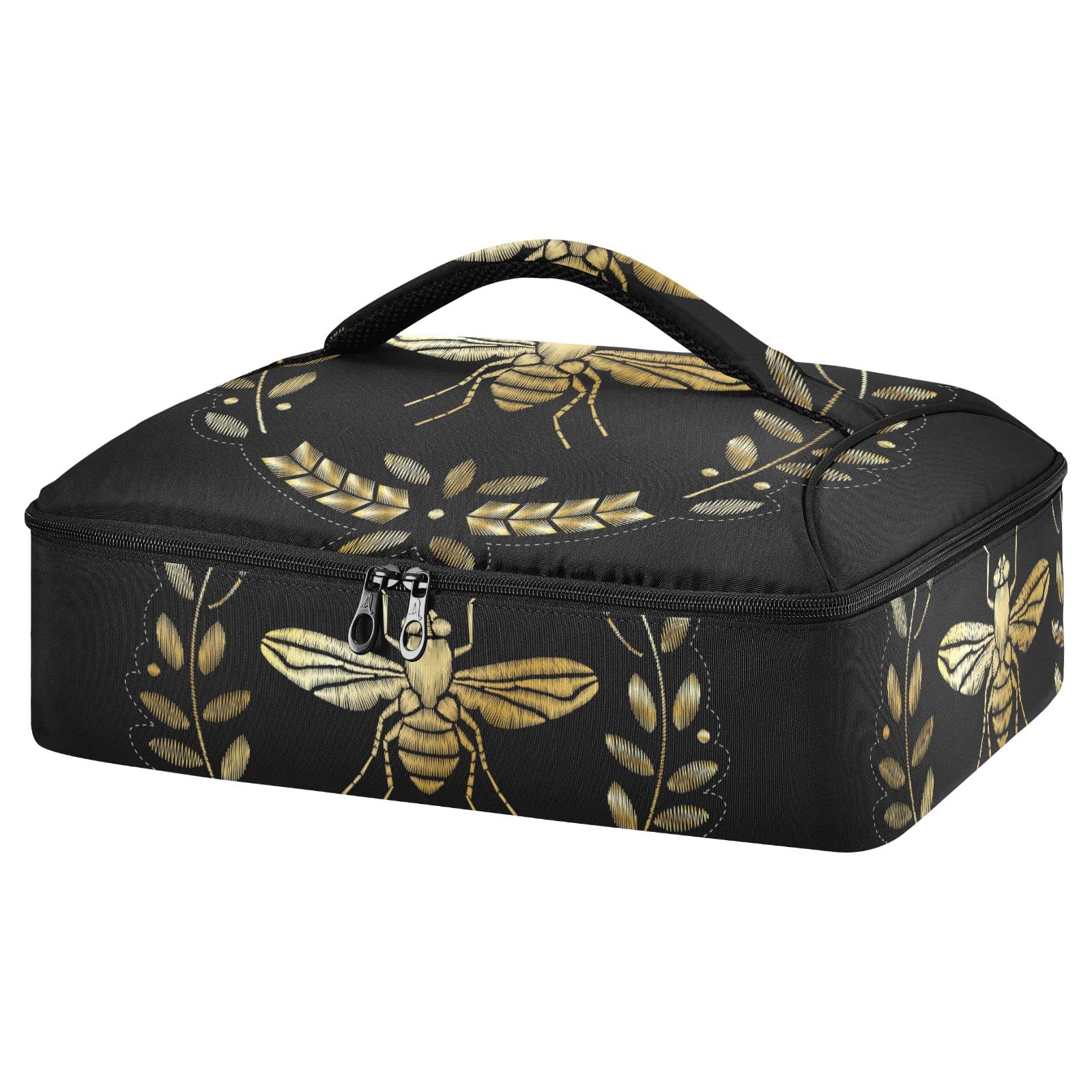 susiyo Insulated Casserole Carrier for Hot or Cold Food, Thermal Lunch Tote for Potluck Parties, Picnic, Beach, Fits 9 x 13 Inches Baking Dish, Travel Carry Bag Embroidered Bee Leaves Print