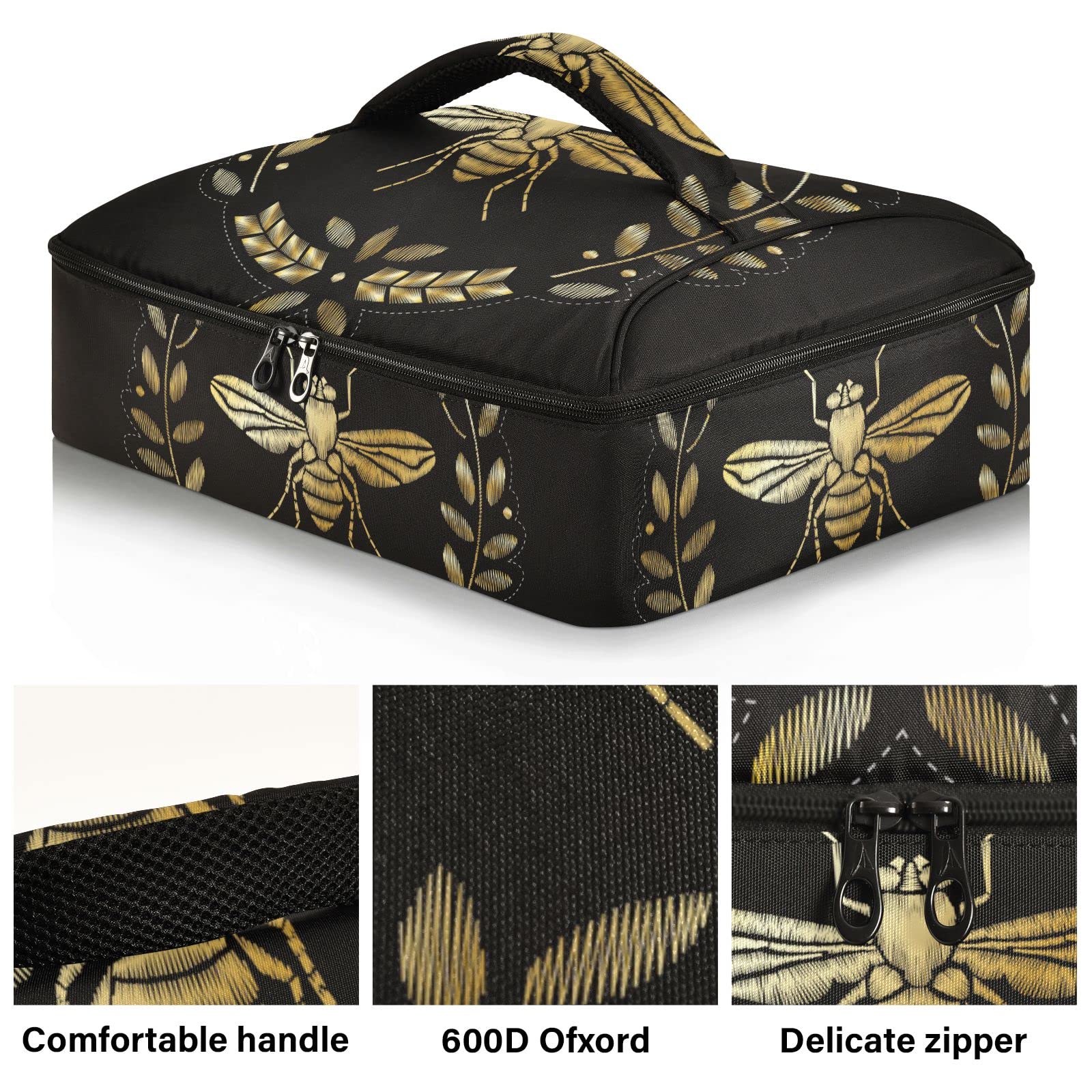 susiyo Insulated Casserole Carrier for Hot or Cold Food, Thermal Lunch Tote for Potluck Parties, Picnic, Beach, Fits 9 x 13 Inches Baking Dish, Travel Carry Bag Embroidered Bee Leaves Print