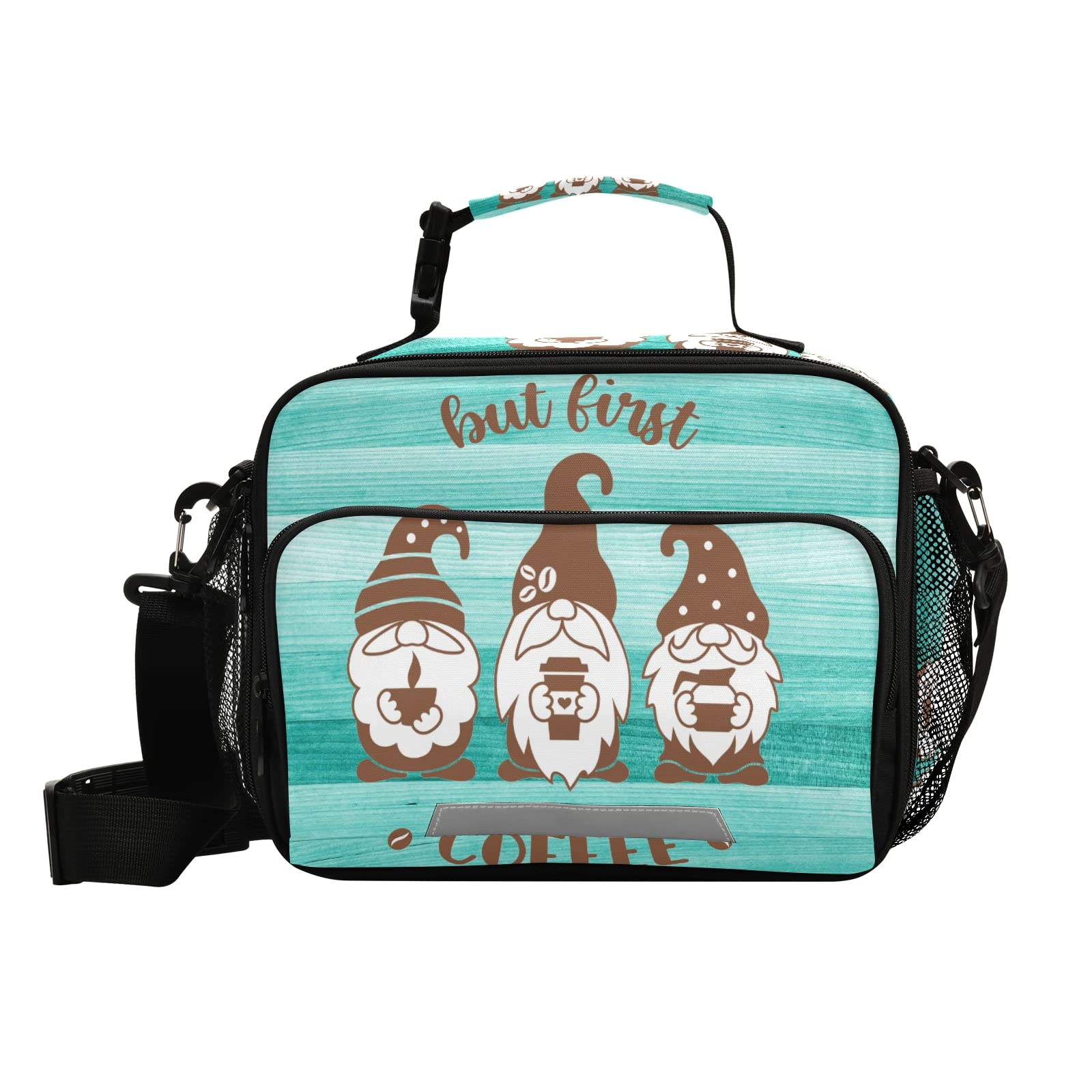 Teal Turquoise Wood Coffee Gnome Lunch Bags for Women Men Green Lunch Box Insulated Thermal Cooler Bag Reusable Organizer Tote Lunch Bag with Adjustable Shoulder Strap for Work Picnic Beach Sporting