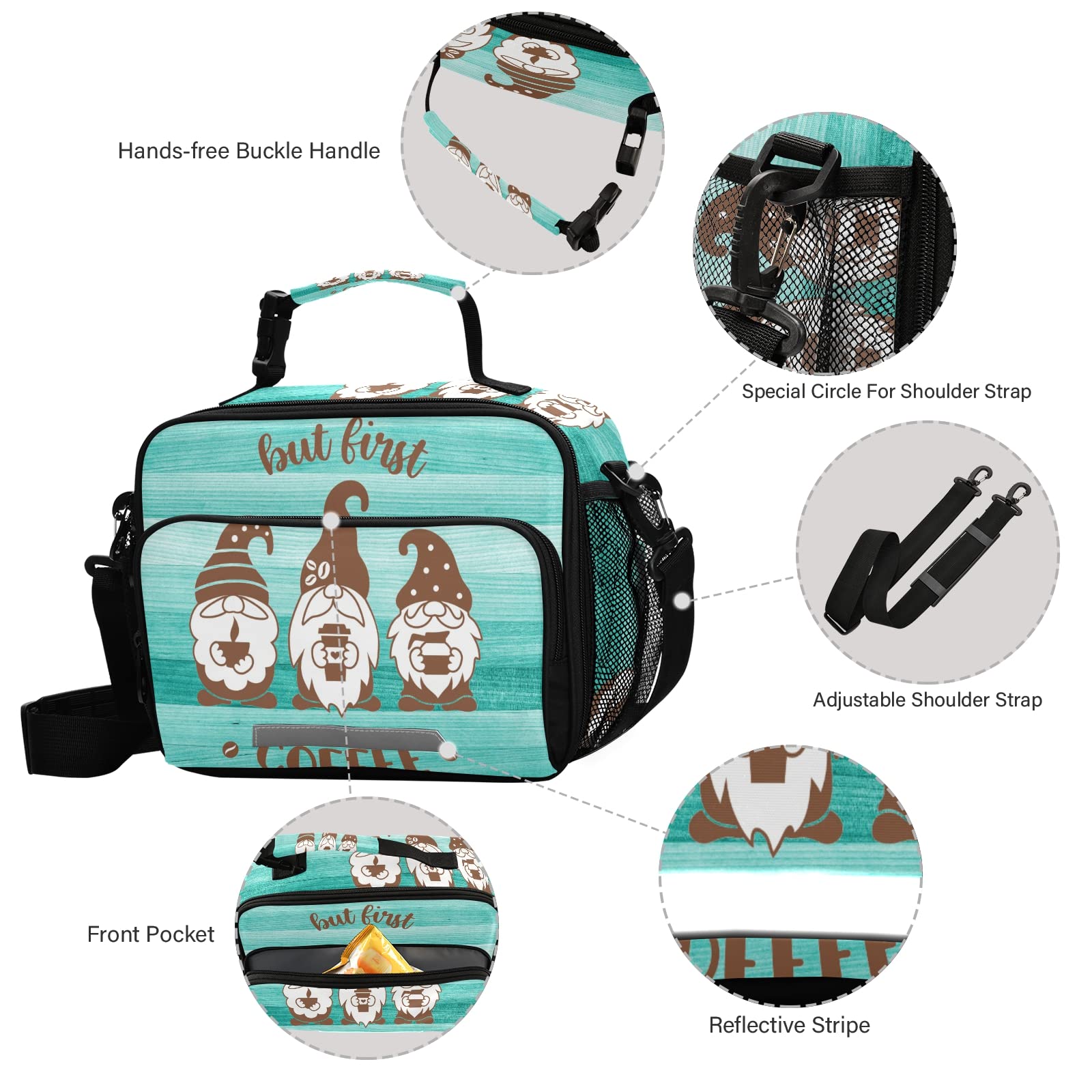 Teal Turquoise Wood Coffee Gnome Lunch Bags for Women Men Green Lunch Box Insulated Thermal Cooler Bag Reusable Organizer Tote Lunch Bag with Adjustable Shoulder Strap for Work Picnic Beach Sporting