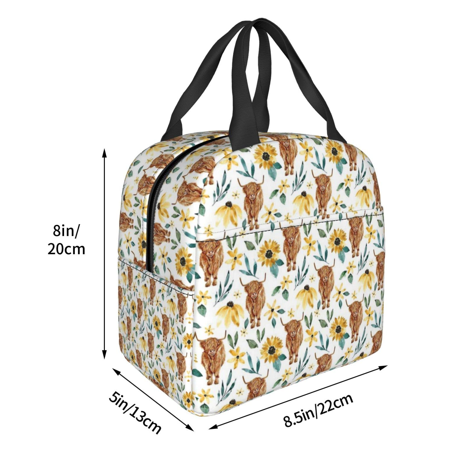 bzaxxqi Highland Cow And Sunflowers Wildflowers Lunch Bags For Women Men,Cow Lunch Box Reusable Tote Bag With Pocket Lunch Handbag For Work Picnic Travel