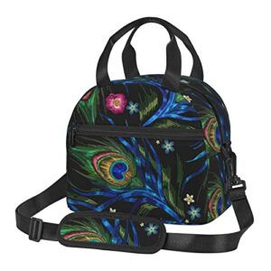 lynsay peacock feather printed lunch bag, lightweight and durable, adjustable shoulder strap, reusable lunch handbag, portable refrigerated bag