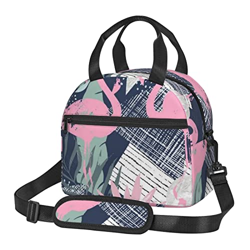 Pink Flamingo And Leaves Printed Lunch Bag, Lightweight And Durable, Adjustable Shoulder Strap, Reusable Lunch Handbag, Portable Refrigerated Bag