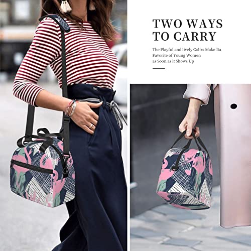 Pink Flamingo And Leaves Printed Lunch Bag, Lightweight And Durable, Adjustable Shoulder Strap, Reusable Lunch Handbag, Portable Refrigerated Bag