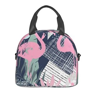 Pink Flamingo And Leaves Printed Lunch Bag, Lightweight And Durable, Adjustable Shoulder Strap, Reusable Lunch Handbag, Portable Refrigerated Bag