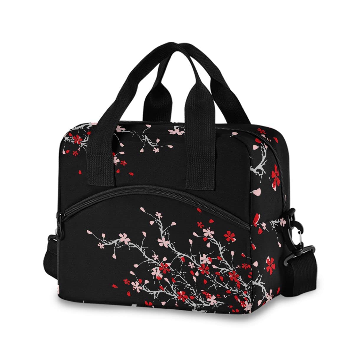 Glaphy Cherry Blossom Flowers Floral Black Lunch Bag Insulated Lunch Box Tote Food Container Meal Prep Cooler Portable Handbag