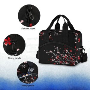 Glaphy Cherry Blossom Flowers Floral Black Lunch Bag Insulated Lunch Box Tote Food Container Meal Prep Cooler Portable Handbag