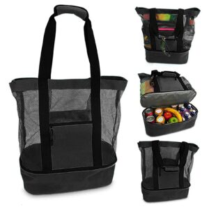 multi-function picnic thermal preservation bag beach bag double-layer thermal insulation mesh zipper beach picnic bag (black, 20inch x 16inch x 6inch )