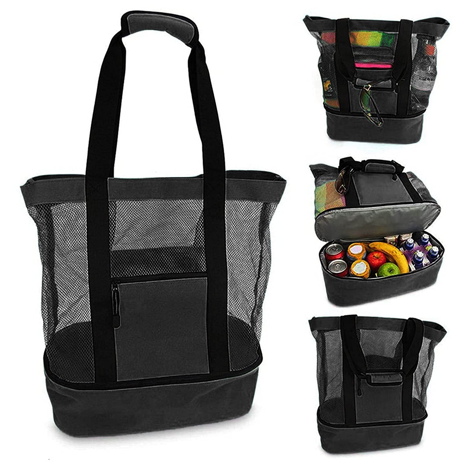 Multi-Function Picnic Thermal Preservation Bag Beach Bag Double-Layer Thermal Insulation Mesh Zipper Beach Picnic Bag (Black, 20inch x 16inch x 6inch )