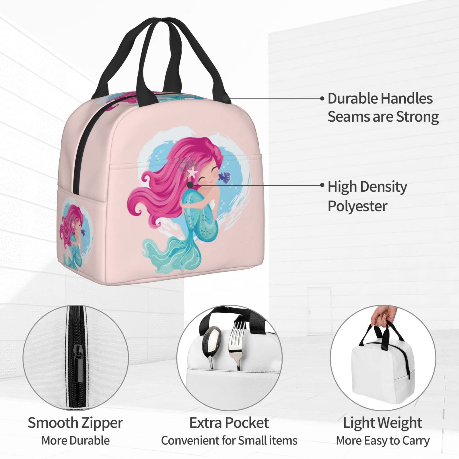 PrelerDIY Mermaid Girl Lunch Box - Insulated Lunch Bags for Women/Men Reusable Lunch Tote Bags, Perfect for Office/Camping/Hiking/Picnic/Beach/Travel