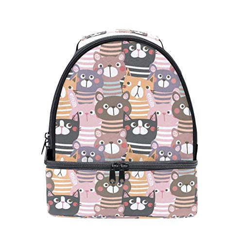 Cute Cats Bears Insulated Lunch Box for School Cartoon Kitten Animals Double Decker Reusable Lunch Bag Containers With Adjustable Shoulder Strap Dual Compartment Durable Cooler Tote Bag for Girl