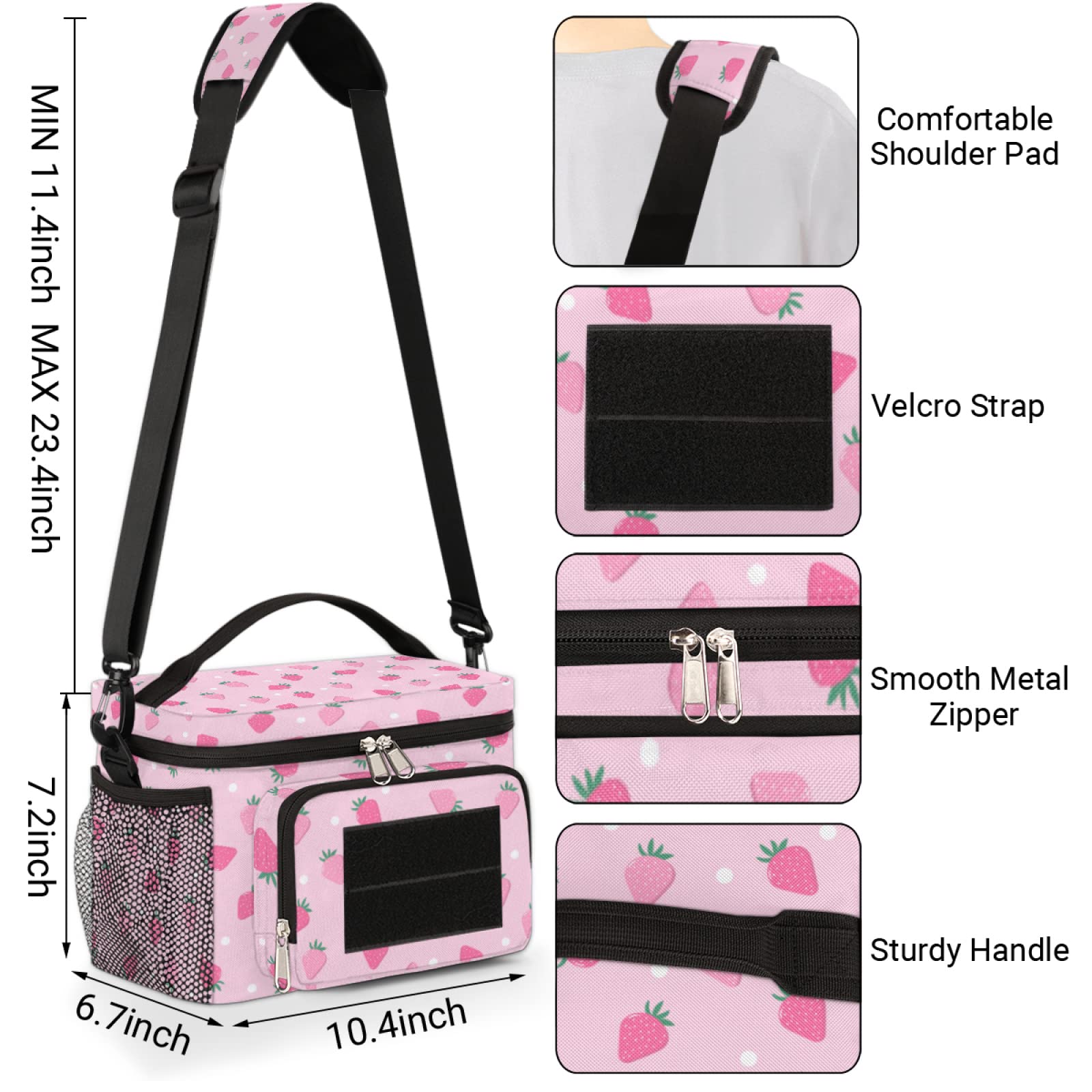 AUUXVA Cute Strawberry Tactical Lunch Bag for Men Women Adult Work Beach Picnic, Polka Dot Pink Lunch Box with Shoulder Strap Meal Prep Organizer Heavy Duty