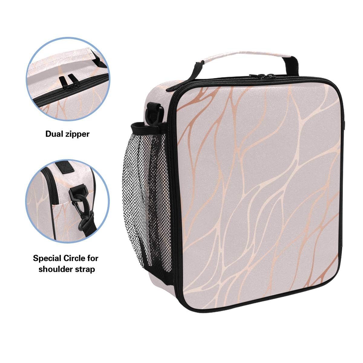 AUUXVA Lunch Box Bag Rose Gold Marble Pattern Lunchbox Insulated Thermal Cooler Ice Adjustable Shoulder Strap for Women Men Boys Girls3