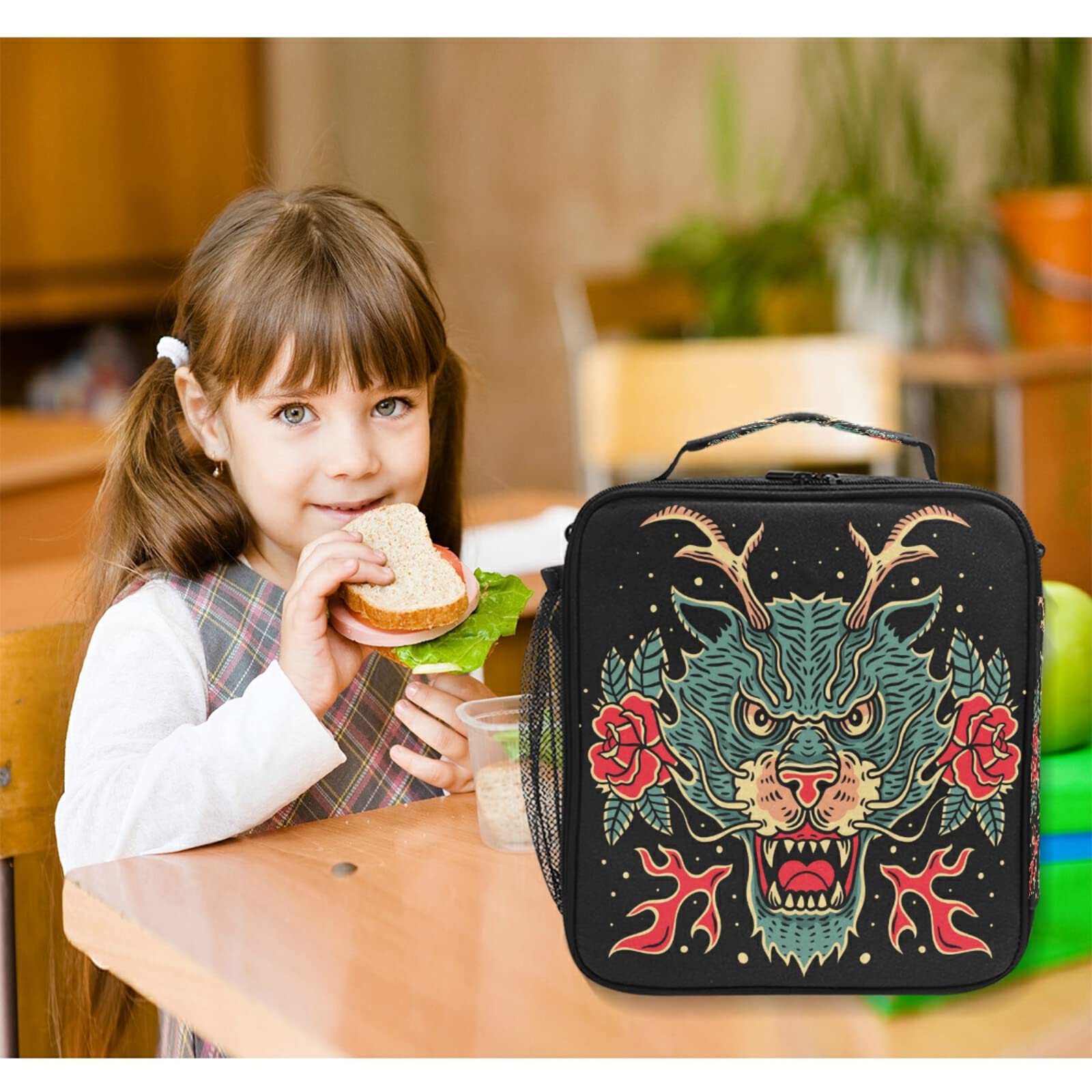 GEDAKO Kids Lunch Bag Space Insulated Cooler Thermal Reusable Lunch Bag Box for School Children Students Girls Boys Women Men (Traditional Dragon Flowers)