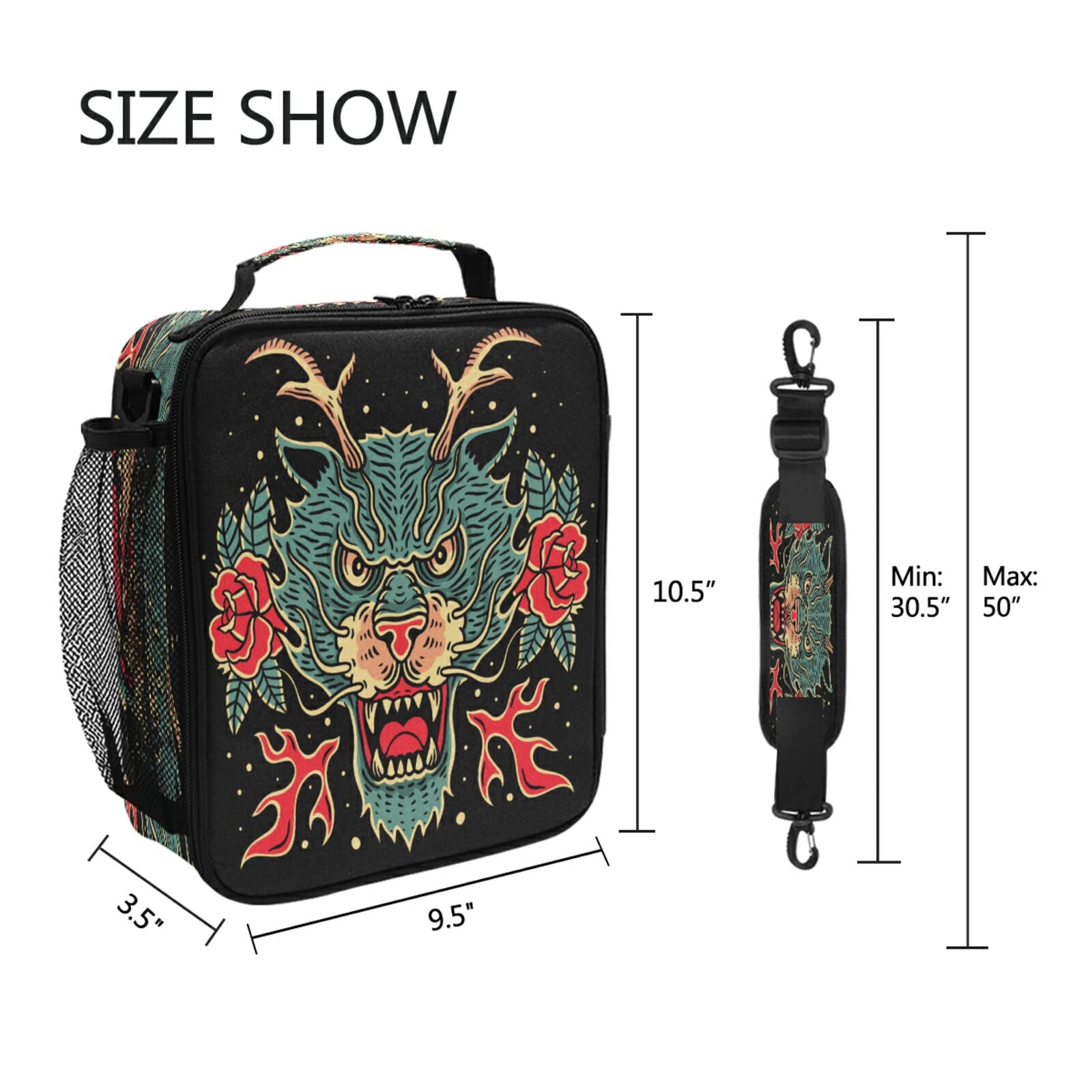 GEDAKO Kids Lunch Bag Space Insulated Cooler Thermal Reusable Lunch Bag Box for School Children Students Girls Boys Women Men (Traditional Dragon Flowers)