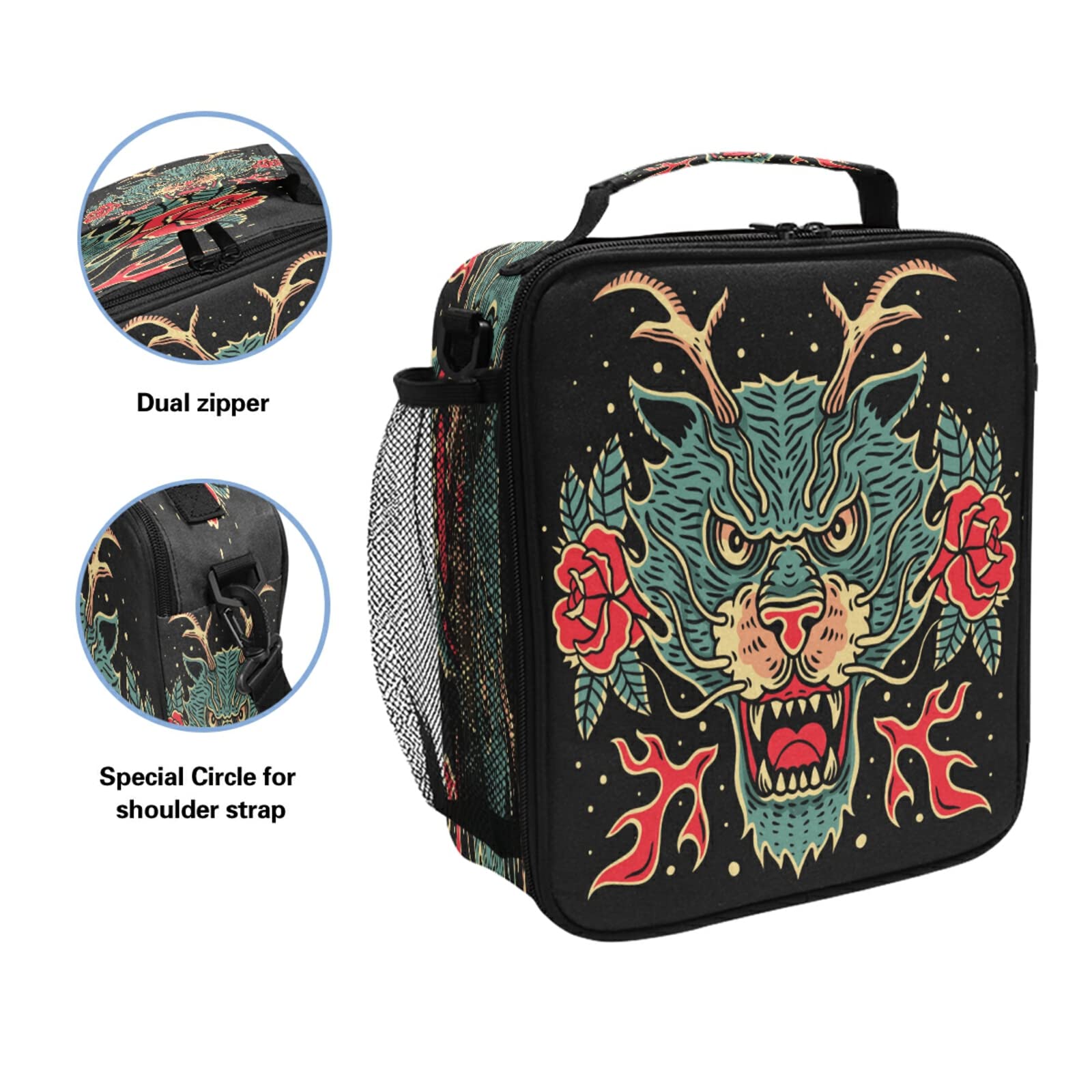 GEDAKO Kids Lunch Bag Space Insulated Cooler Thermal Reusable Lunch Bag Box for School Children Students Girls Boys Women Men (Traditional Dragon Flowers)