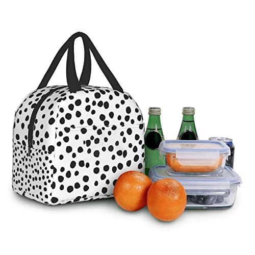 MDMEI Polka Dot Lunch Box Durable Insulated White Lunch Bag for Girls Women Reusable Leakproof Thermal Cooler Tote Black Dots LunchBox for School Office Travel Camping Picnic