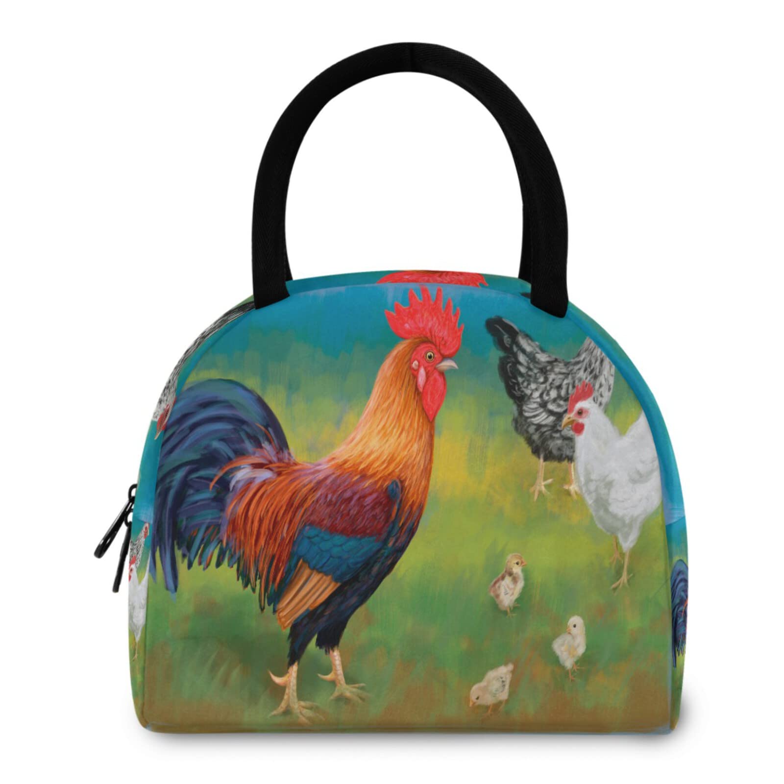 ZzWwR Village Roosters Hen Rural Reusable Lunch Tote Bag Insulated Thermal Cooler Container Bag for Back to School Work Picnic Travel Fishing Beach