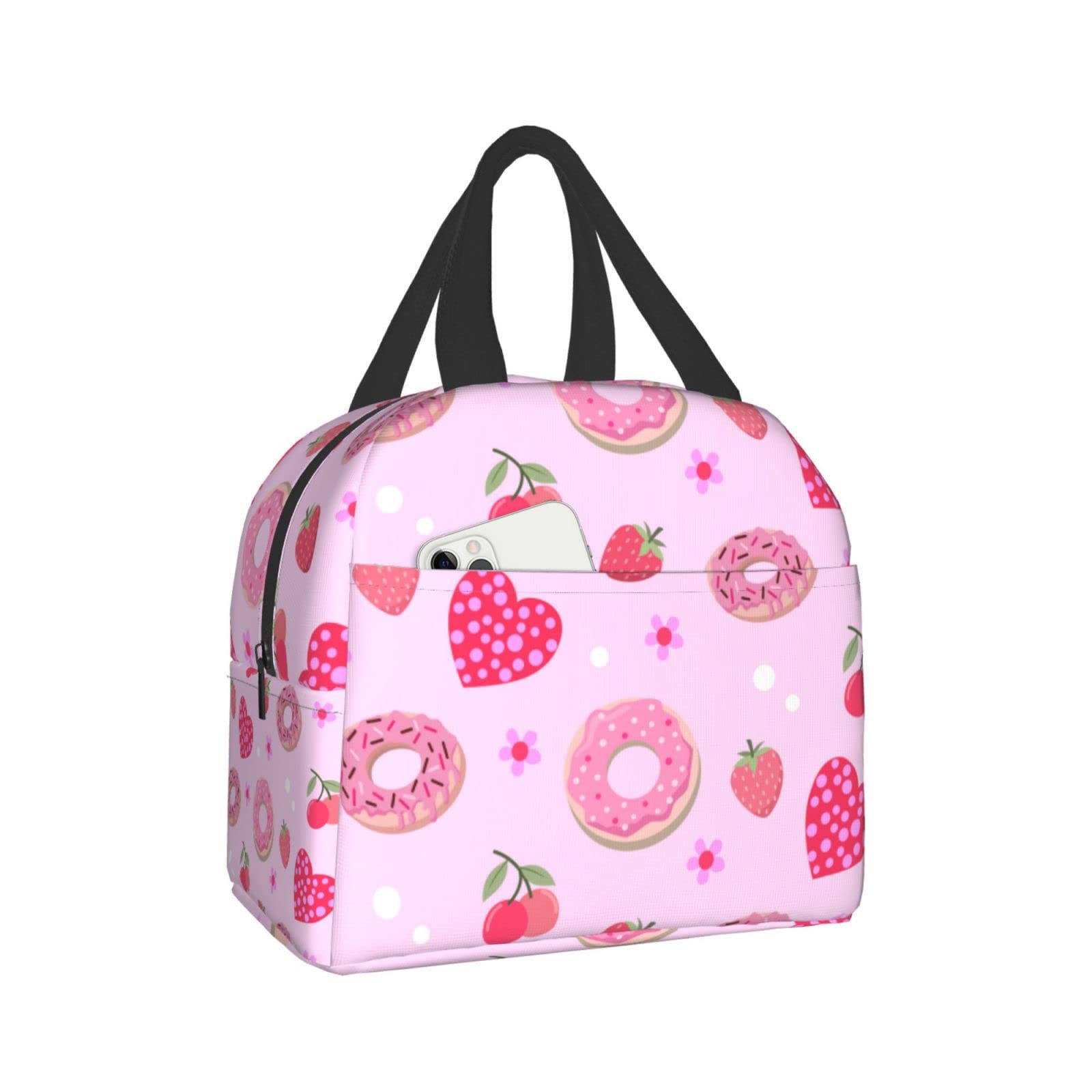 Ucsaxue Cute Pink Donut Berry Strawbery With Red Heart Shape Lunch Bag Reusable Lunch Box Work Bento Cooler Reusable Tote Picnic Boxes Insulated Container Shopping Bags For Adult Women Men