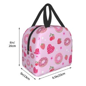 Ucsaxue Cute Pink Donut Berry Strawbery With Red Heart Shape Lunch Bag Reusable Lunch Box Work Bento Cooler Reusable Tote Picnic Boxes Insulated Container Shopping Bags For Adult Women Men