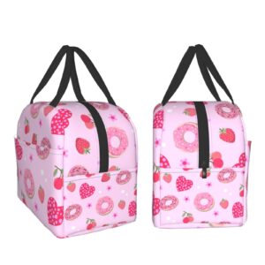 Ucsaxue Cute Pink Donut Berry Strawbery With Red Heart Shape Lunch Bag Reusable Lunch Box Work Bento Cooler Reusable Tote Picnic Boxes Insulated Container Shopping Bags For Adult Women Men