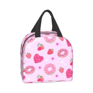 Ucsaxue Cute Pink Donut Berry Strawbery With Red Heart Shape Lunch Bag Reusable Lunch Box Work Bento Cooler Reusable Tote Picnic Boxes Insulated Container Shopping Bags For Adult Women Men