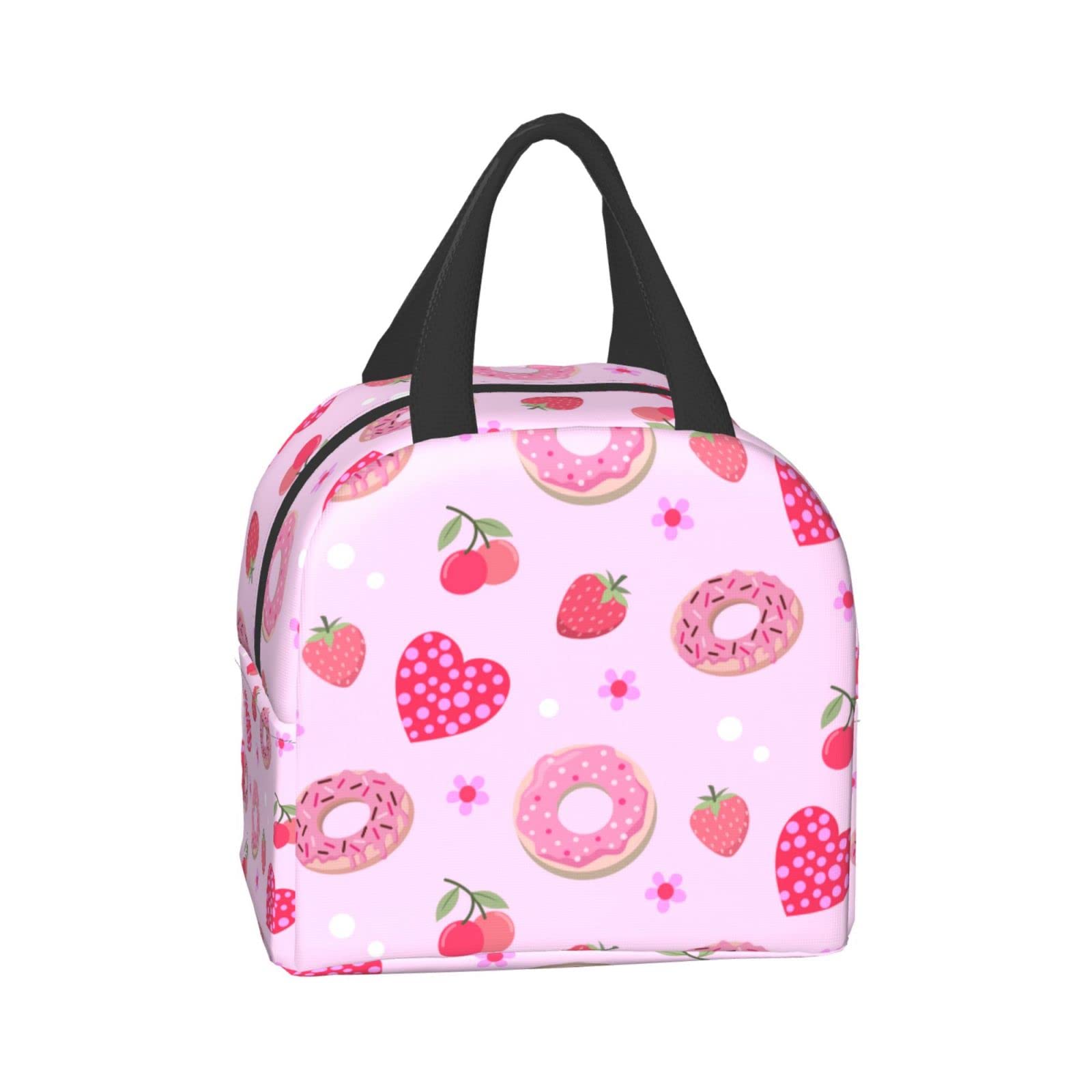 Ucsaxue Cute Pink Donut Berry Strawbery With Red Heart Shape Lunch Bag Reusable Lunch Box Work Bento Cooler Reusable Tote Picnic Boxes Insulated Container Shopping Bags For Adult Women Men