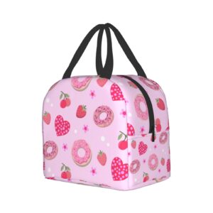 Ucsaxue Cute Pink Donut Berry Strawbery With Red Heart Shape Lunch Bag Reusable Lunch Box Work Bento Cooler Reusable Tote Picnic Boxes Insulated Container Shopping Bags For Adult Women Men