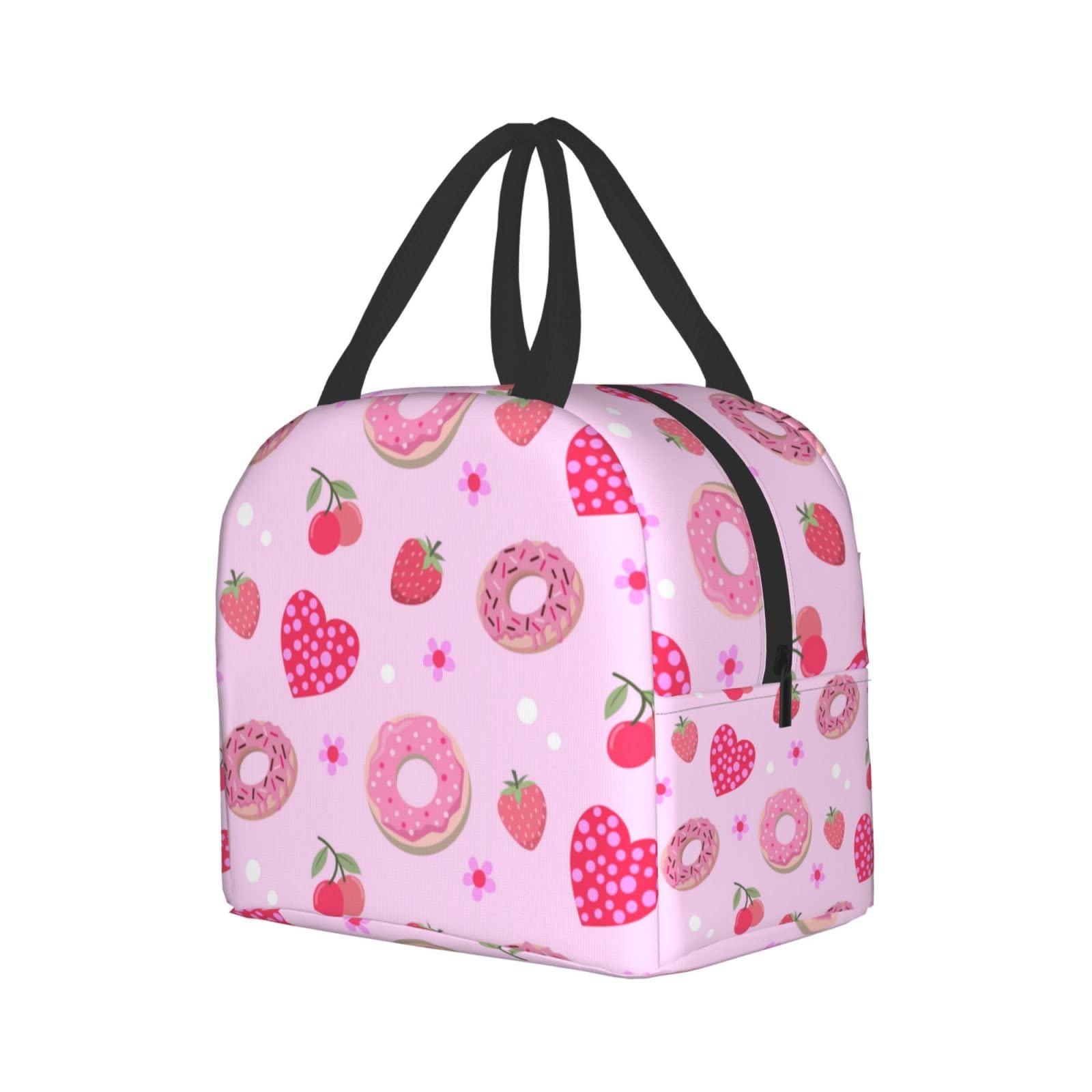 Ucsaxue Cute Pink Donut Berry Strawbery With Red Heart Shape Lunch Bag Reusable Lunch Box Work Bento Cooler Reusable Tote Picnic Boxes Insulated Container Shopping Bags For Adult Women Men