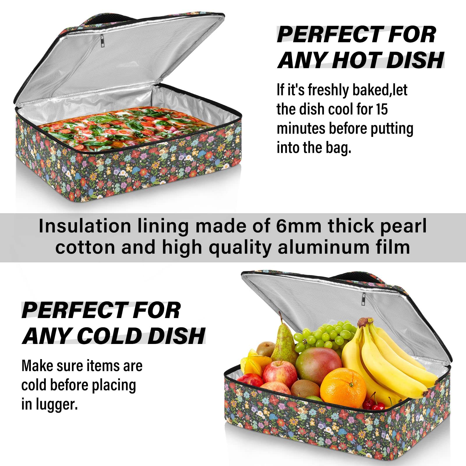 Blooming Flowers Double Insulated Casserole Carrier For Hot or Cold Food, Expandable Hot Food Carrier Bag, Insulated Food Bag for Parties, Beach, Picnic, Camping