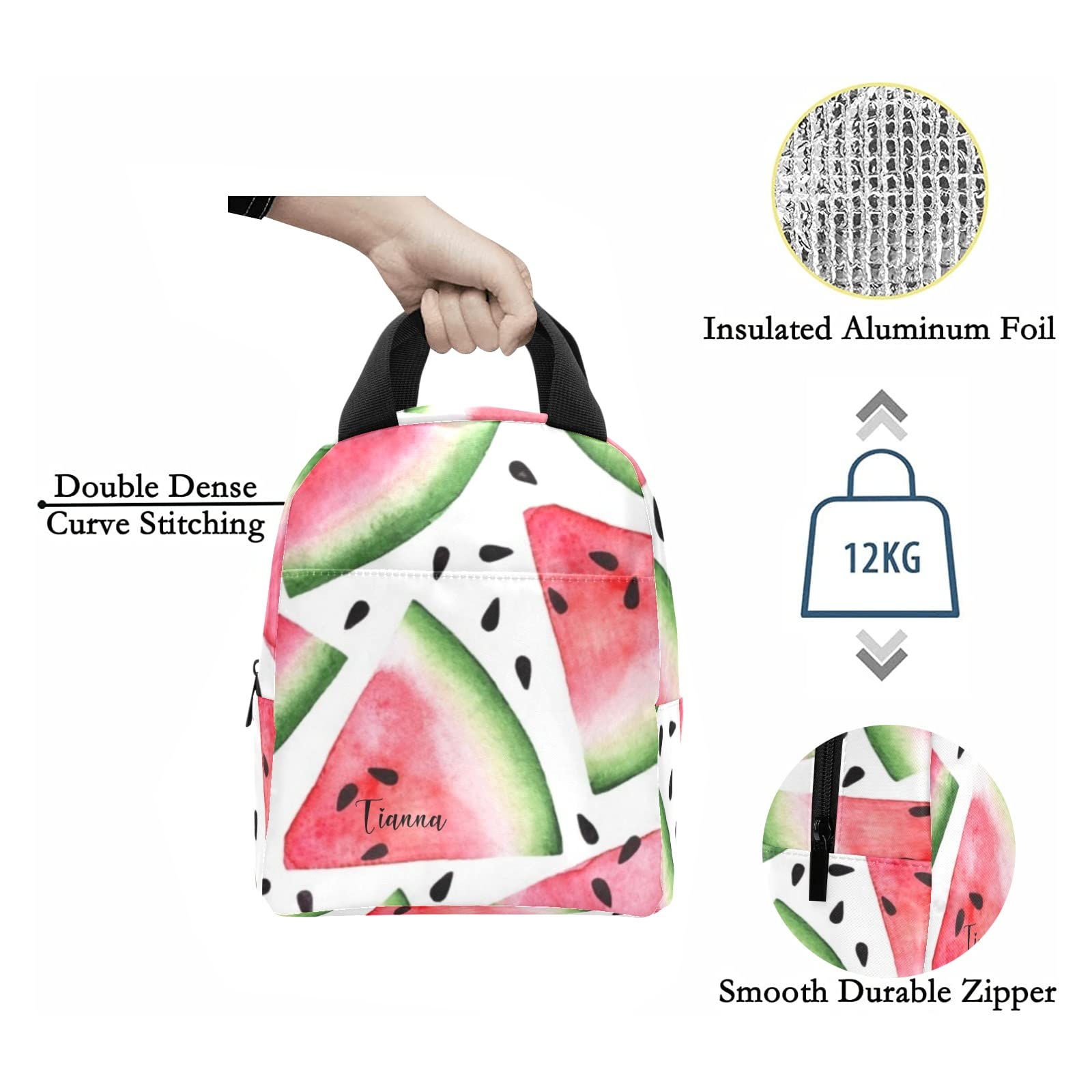 zaaprintblanket Custom Name Lunch Bag For Men Women Personalized Red Pink Watermelon Cooler Lunch Box Portable with Name for Unisex Adult Gift Workout Camping